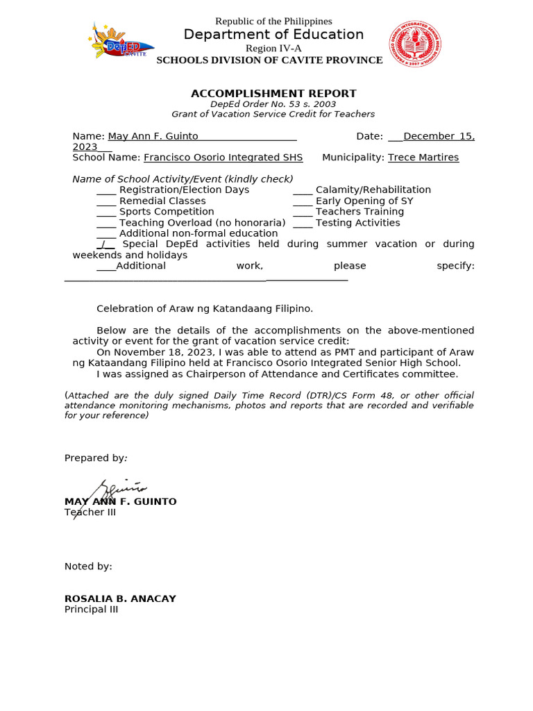 Cavite DepEd Accomplishment Report 2023 | PDF