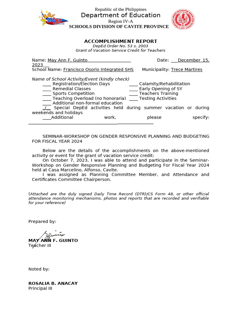 Accomplishment-Report - GAD 2023 | PDF