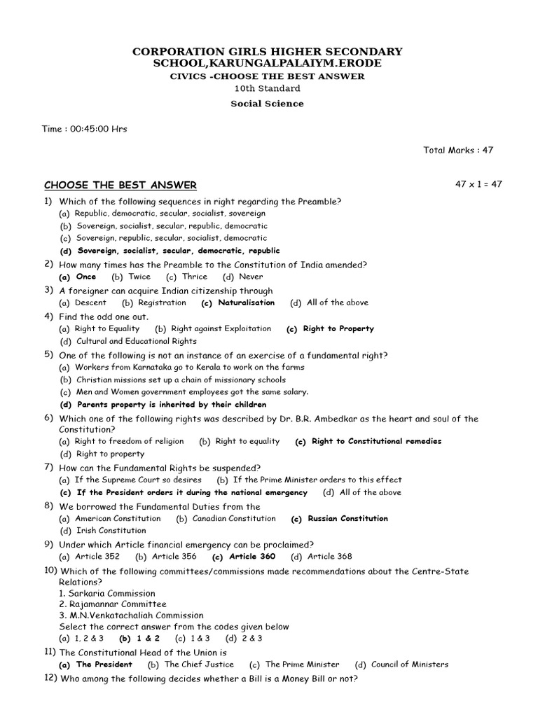 10th Grade Civics Quiz Questions | PDF | Government | Justice