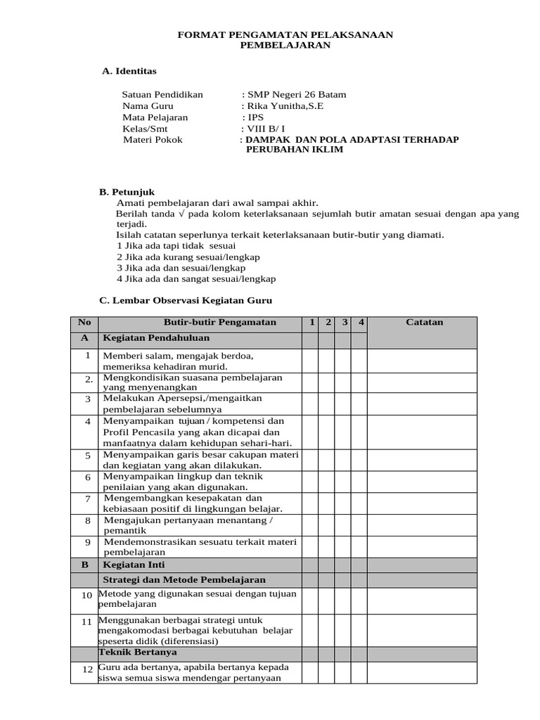 Instrumen Pengamatan Pembelajaran | PDF
