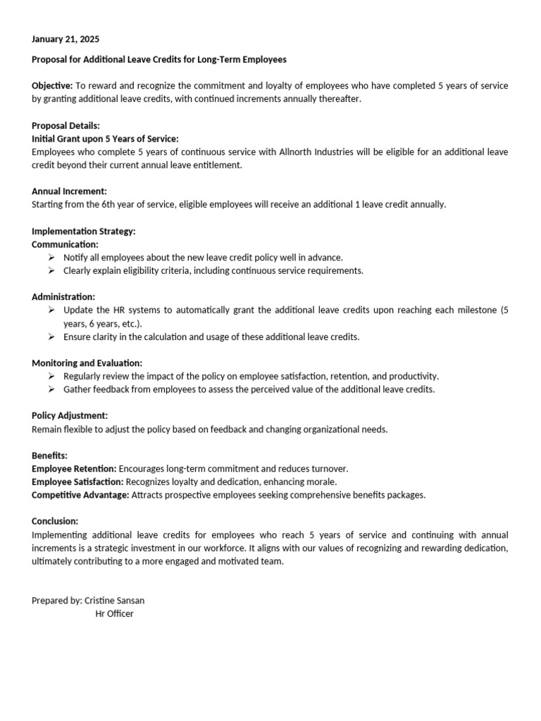 Additional Leave Credits Proposal | PDF