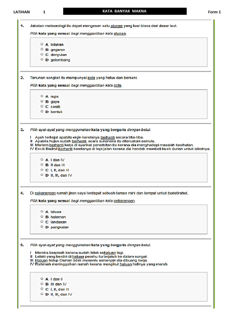 Kata Banyak Makna-Form 1 | PDF