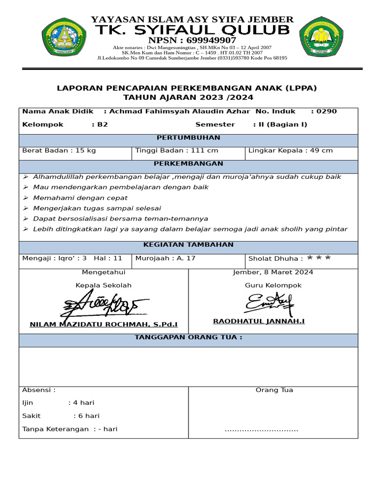 Laporan Perkembangan Anak B2 | PDF