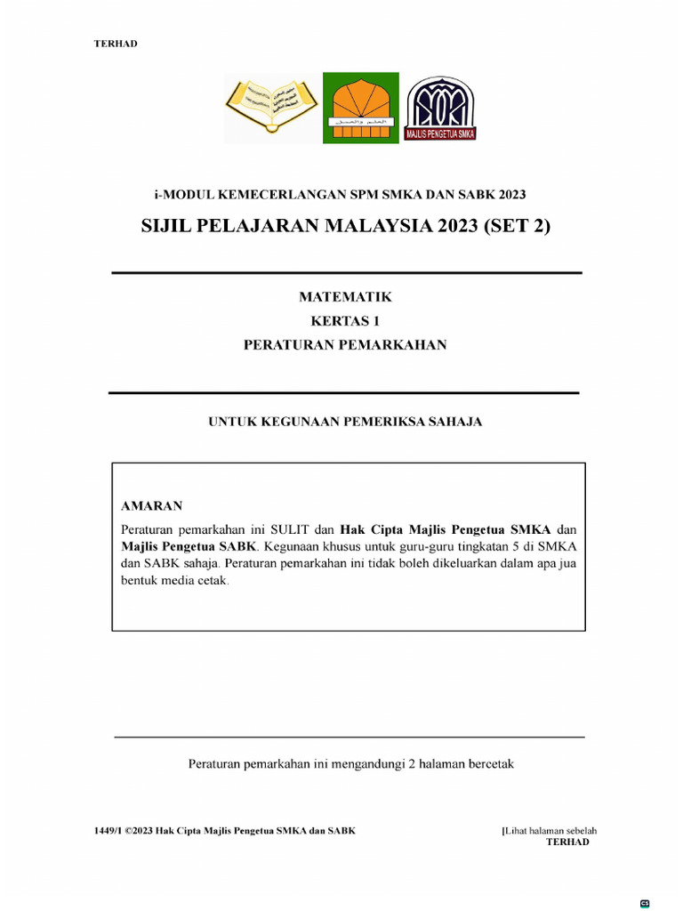 Skema Matematik k1 (Set 2) Smka Sabk 2023 | PDF