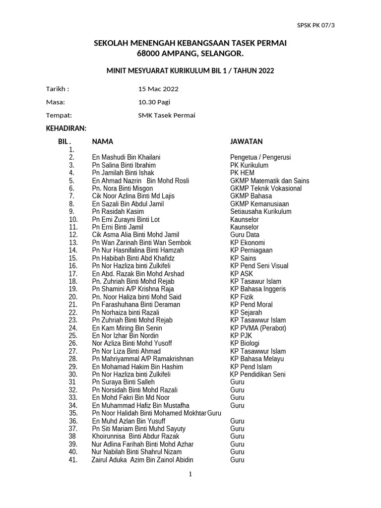 MINIT MESYUARAT KURIKULUM BIL 1 2022 | PDF
