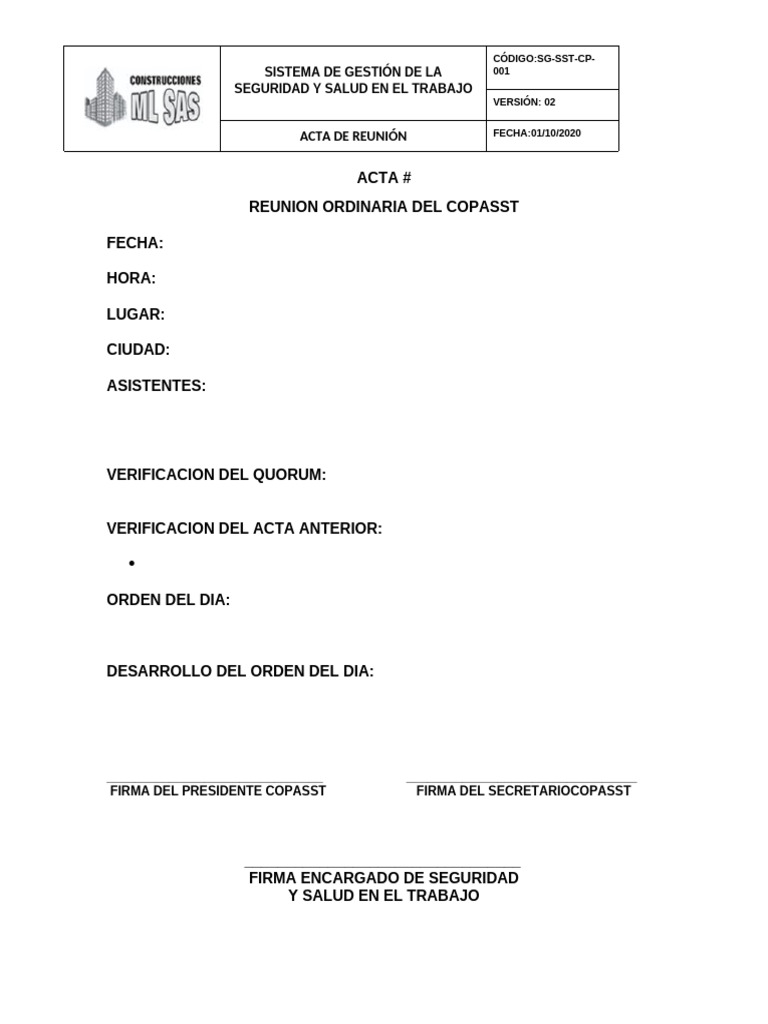 Acta Reunión COPASST 01/10/2020 | PDF