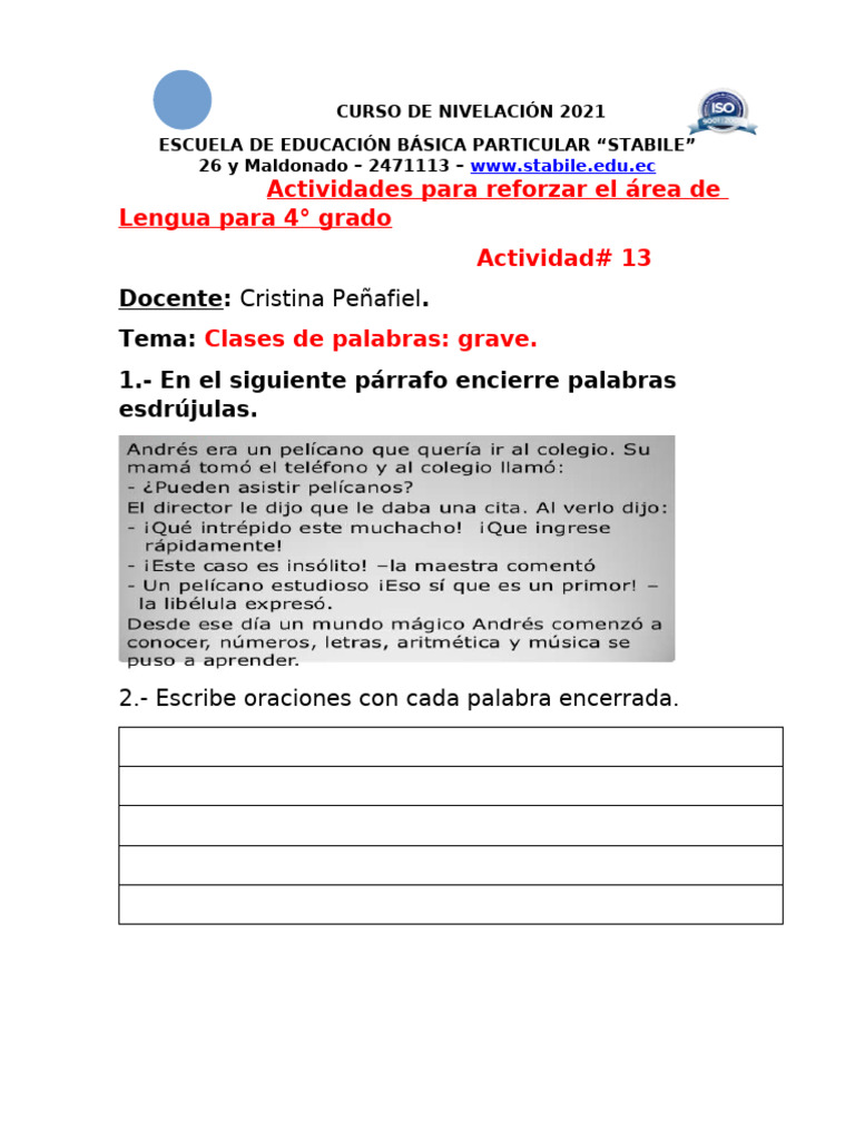 Actividades de Lengua 4° Grado: Palabras Esdrújulas | PDF