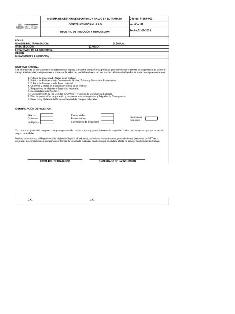 Formatos de Capacitación, Inducción y Entrenamiento | PDF