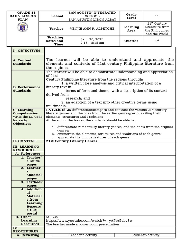 Grade 11 Literature Lesson Plan | PDF | Lord's Prayer | Narrative