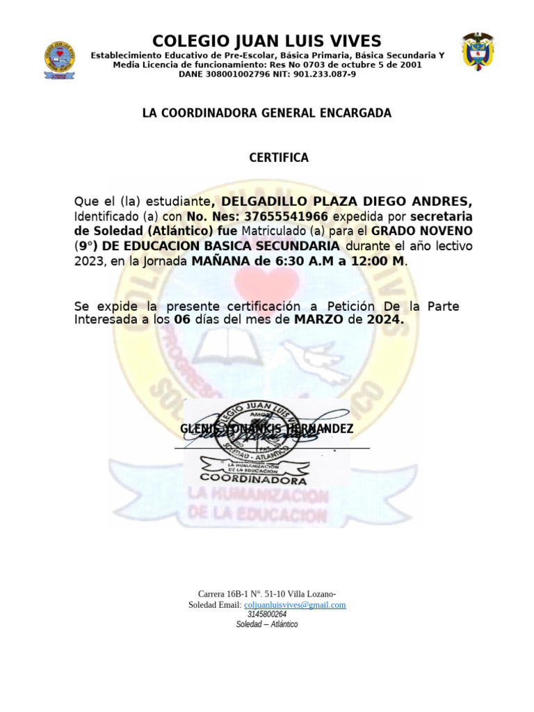 CONSTANCIA DE ESTUDIO DE DDIEIGO ANDRES DELGADILLO | PDF