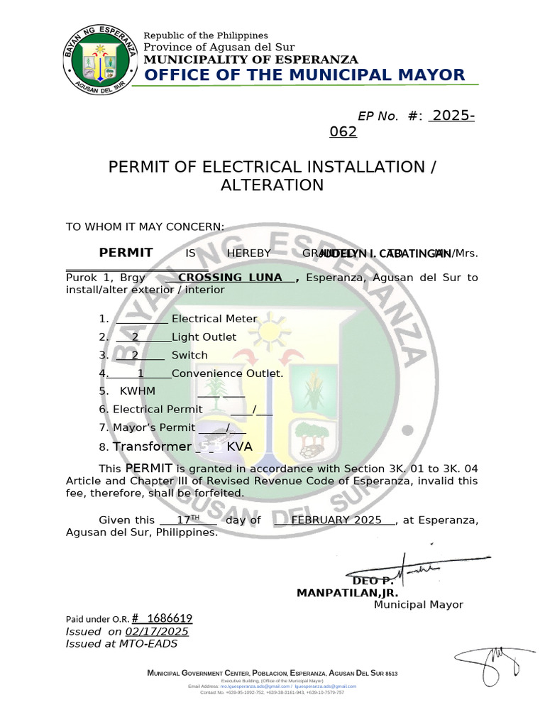 Electrical Installation Permit - Esperanza | PDF