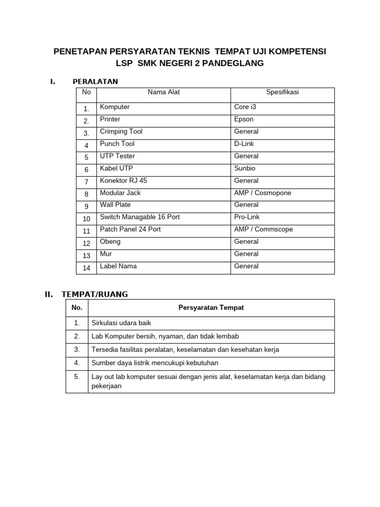 Daftar Peralatan LSP Tkj - Klaster 1 | PDF