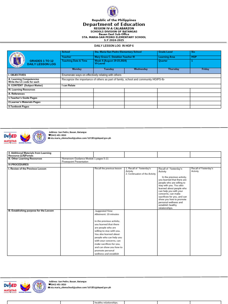 HGP-6-DLL-Q1-Week-4-Sept.18-22, 2023 | PDF | Learning | Cognitive Science