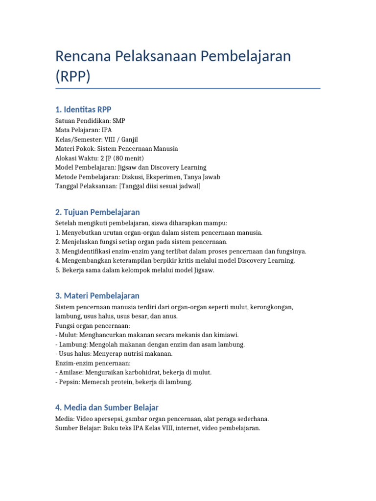 RPP Sistem Pencernaan Manusia | PDF