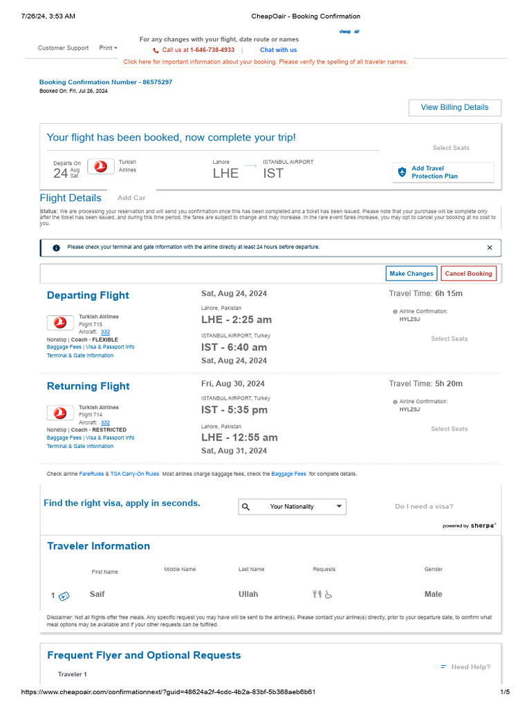 TK714 Flight Booking Confirmation | PDF | Airlines | Airport