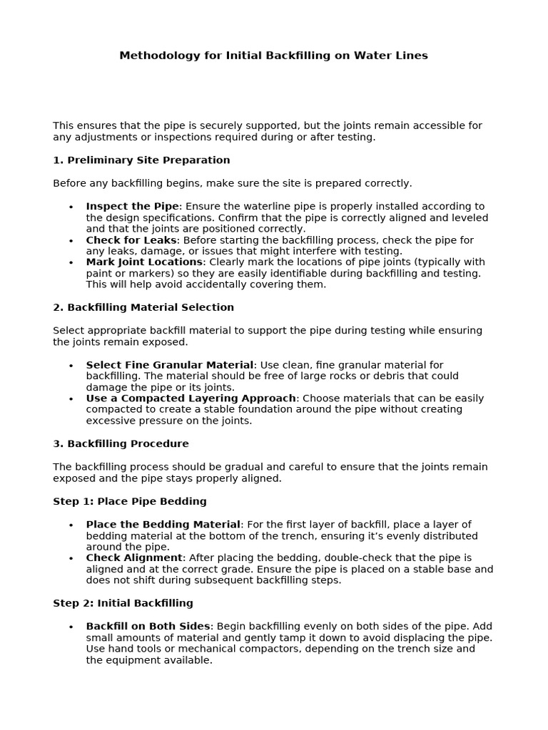 Methodology For Initial Backfilling On Water Lines | PDF | Pipe (Fluid ...