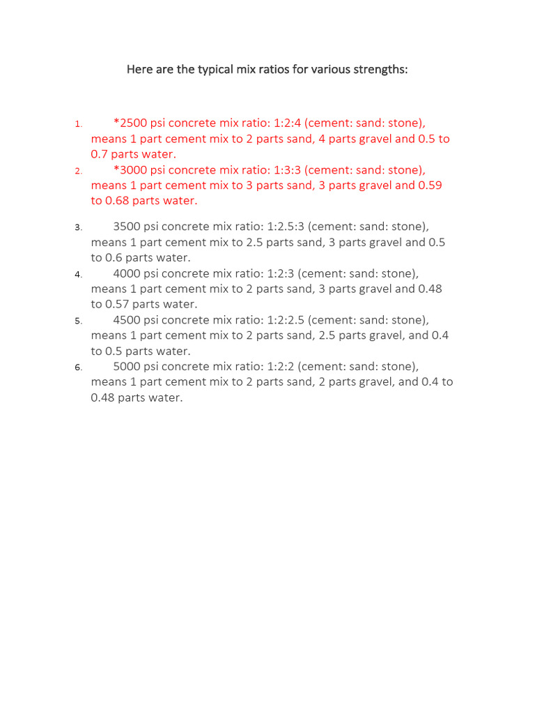 Concrete Mix Ratios for Various Strengths | PDF