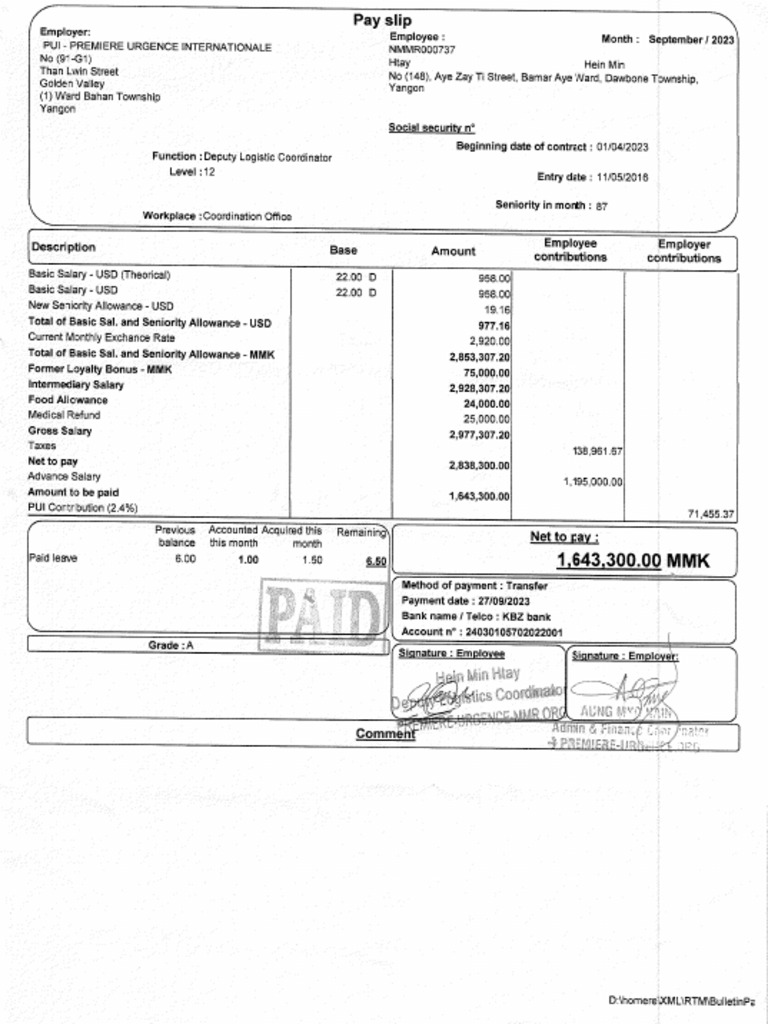 Ko Hein - Pay Slip - Sep 23 | PDF