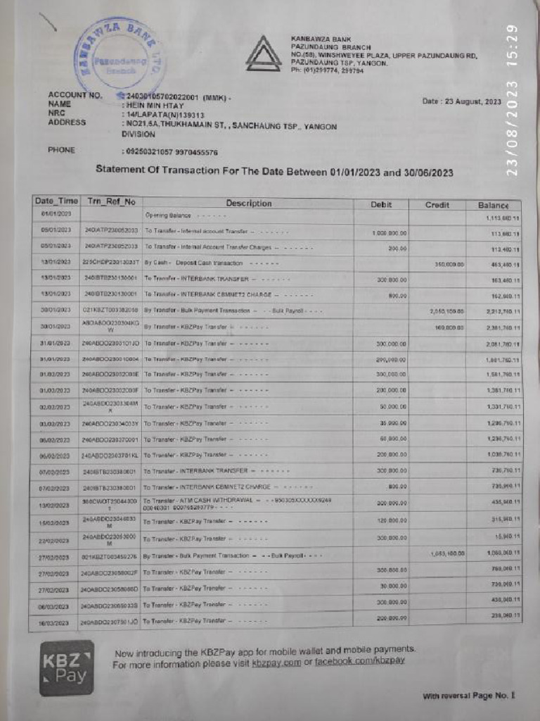 Ko Hein_Bank Statement- Hein Min Htay | PDF