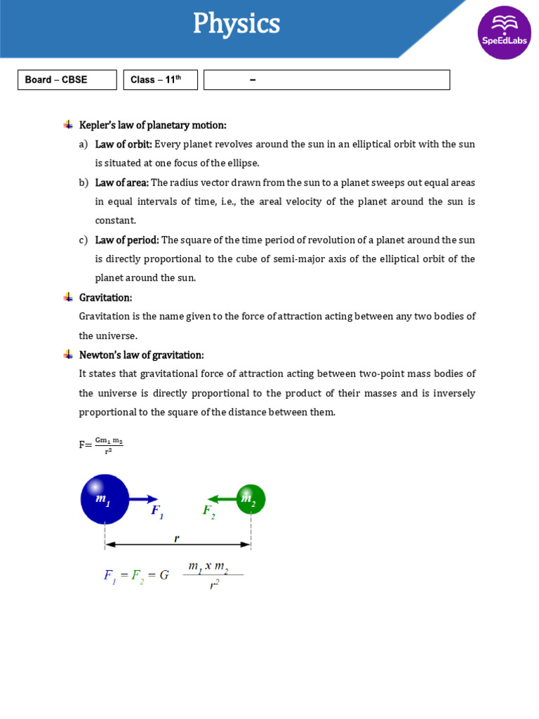 CBSE Class 11 Gravitation Guide | PDF | Newton's Law Of Universal Gravitation | Orbit
