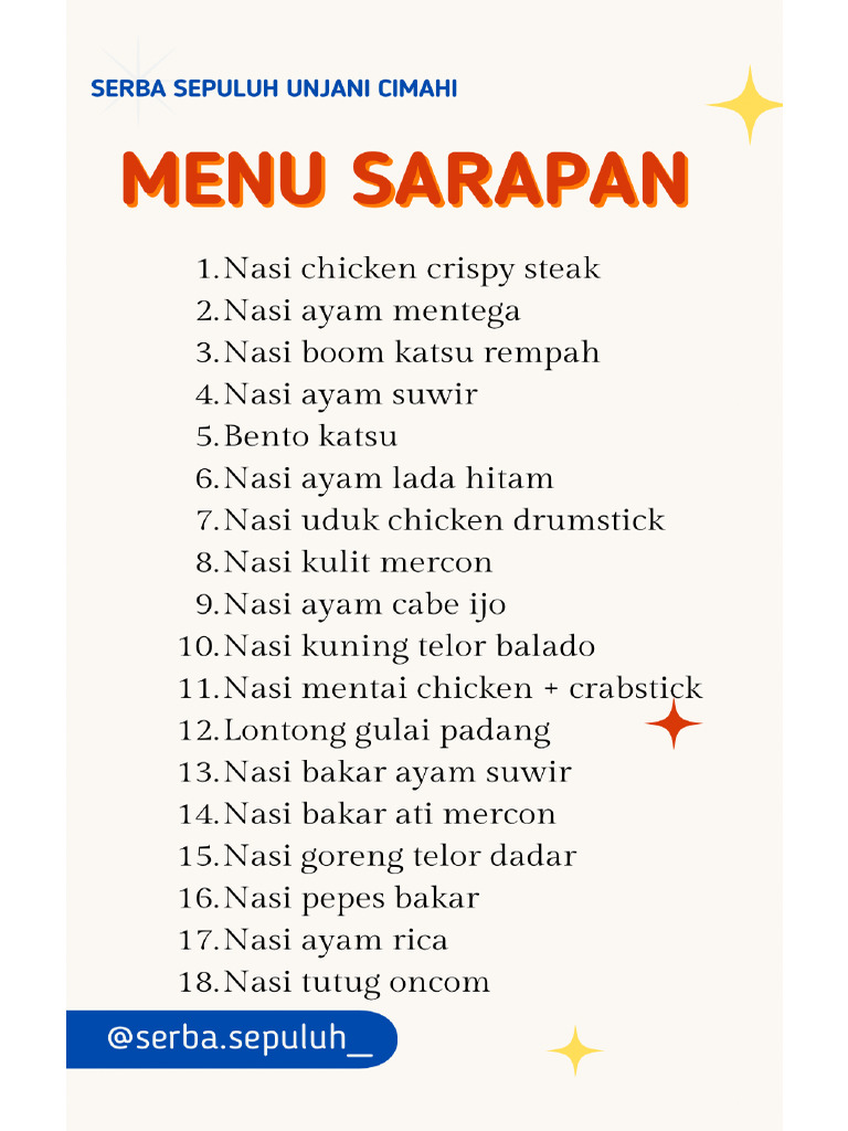 Menu Lengkap Serba Sepuluh Unjani | PDF