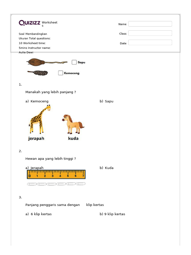 Quizizz - Soal Membandingkan Ukuran | PDF