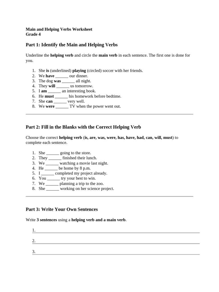 Main and Helping Verbs Worksheet | PDF