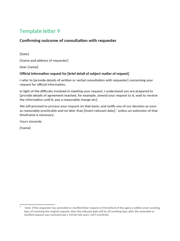 Template Letter 9 - Confirming Outcome of Consultation With Requester | PDF