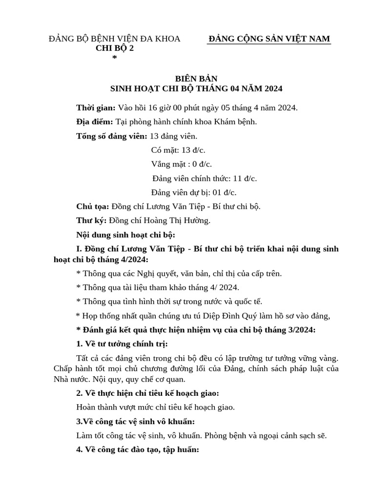 Bien Ban Hop Chi Bo 2 Thang 04.2024 | PDF