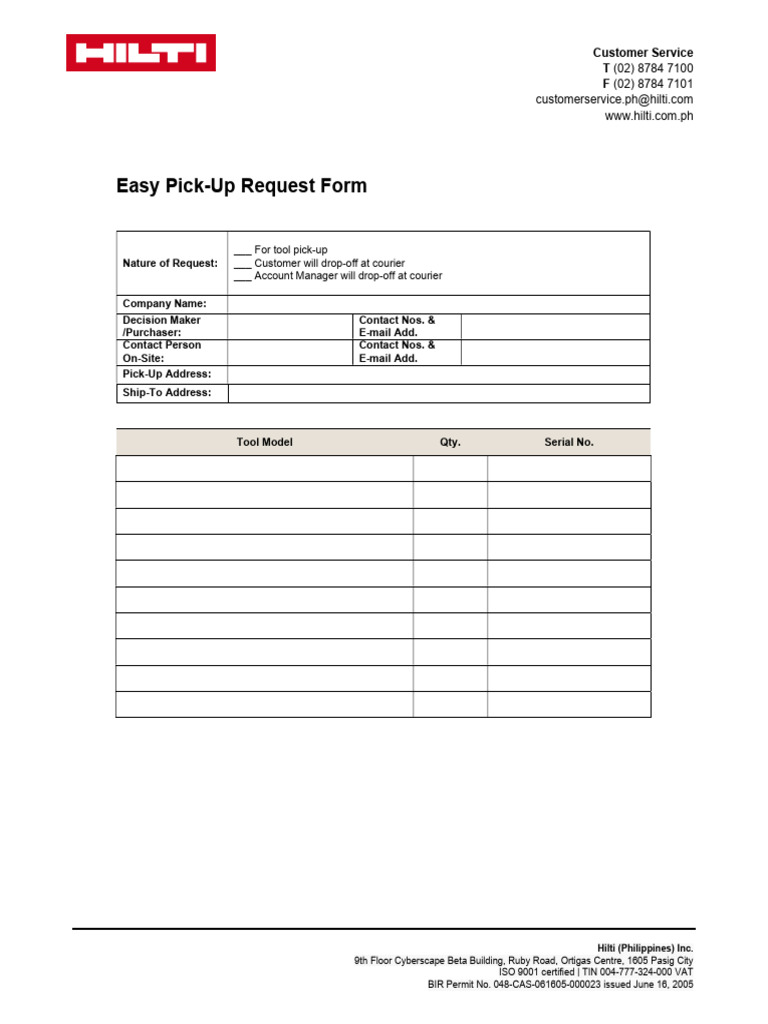 Easy Pick-Up Form | PDF