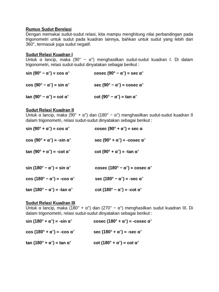 Rumus Sudut Berelasi | PDF