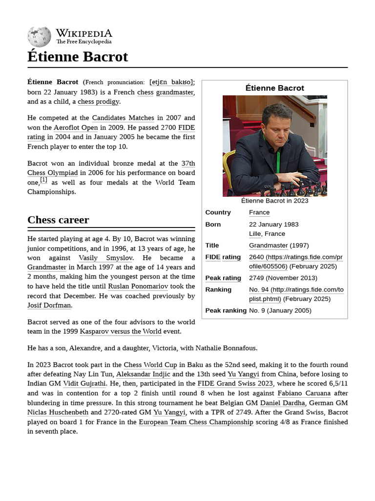 Étienne_Bacrot | PDF | Chess Olympiad Competitors | Chess Grandmasters