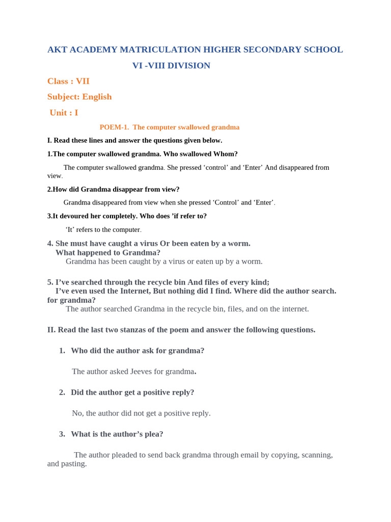 Poem Analysis: The Computer Swallowed Grandma | PDF | Poetry