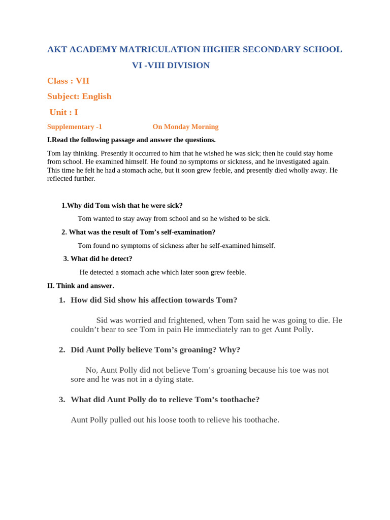 7 TH Unit 1 Supplementary 1 | PDF