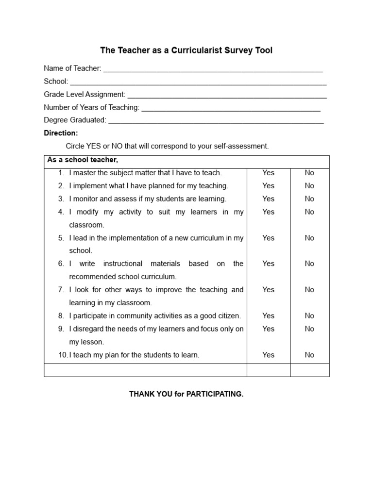 Teacher Self-Assessment Survey Tool | PDF