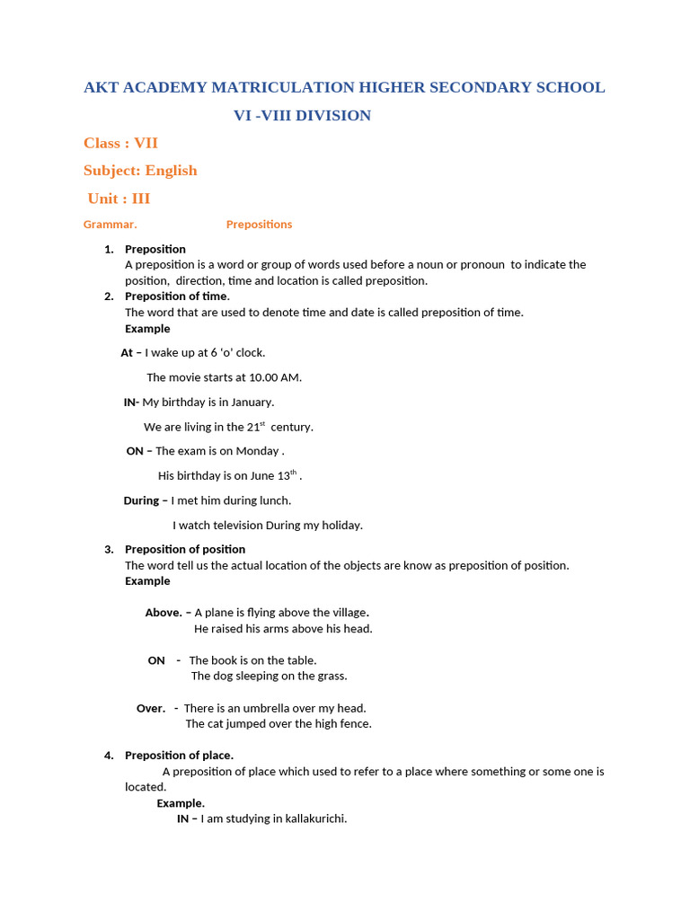 Unit 3 Grammar - Preposition | PDF