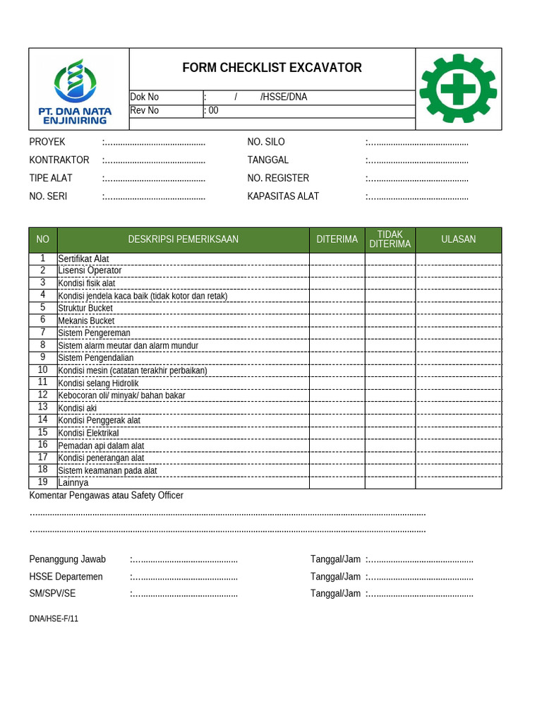 Checklist Pemeriksaan Excavator Lengkap | PDF