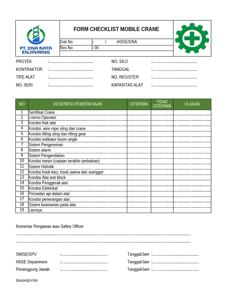 DNA-HSE F-09 - Form Checklist Crane | PDF