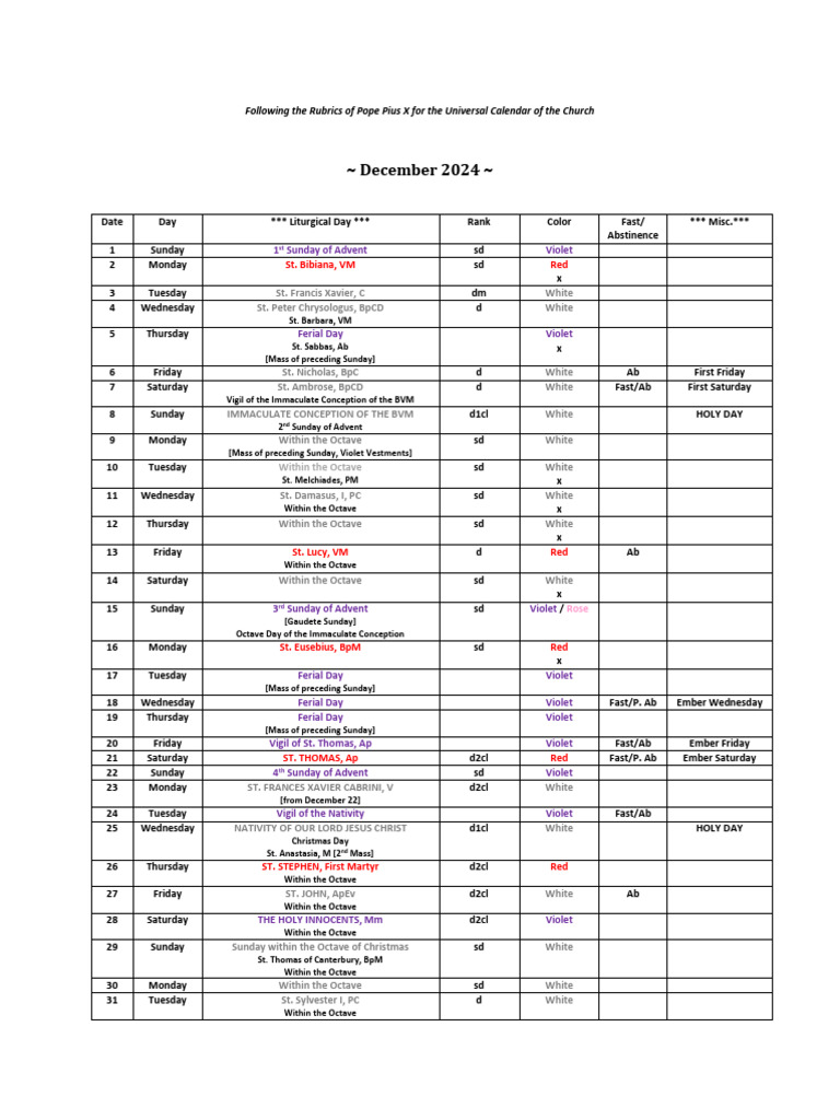 Traditional Liturgical Calendar Roman Rite | PDF | Liturgical Year ...