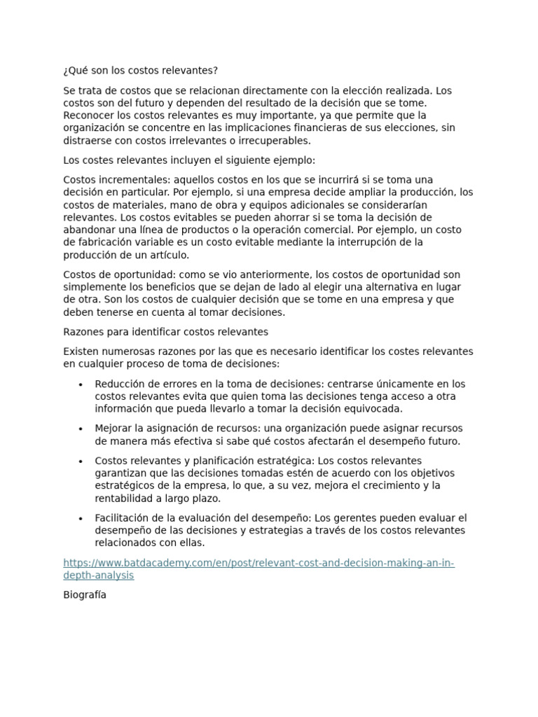 Qué Son Los Costos Relevantes Resumen | PDF
