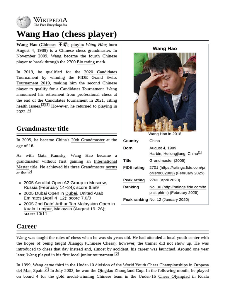 Wang_Hao_(chess_player) | PDF | Chess Players | Board Games Competitions
