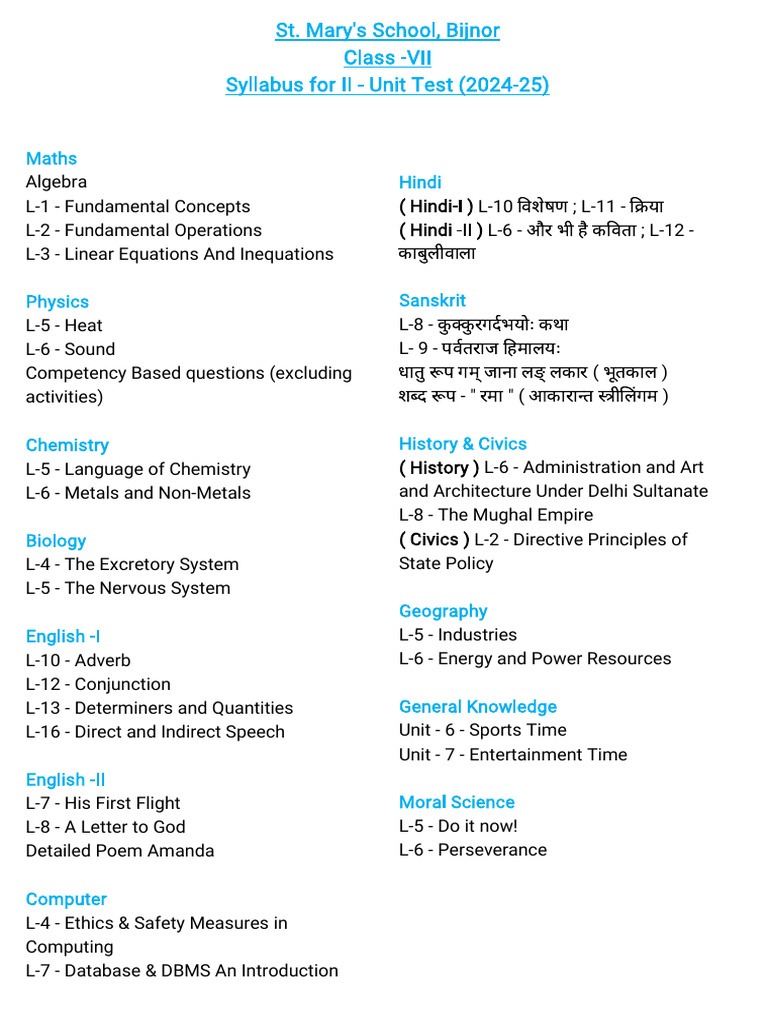 Syllabus Unit Test-2 Class - VII | PDF