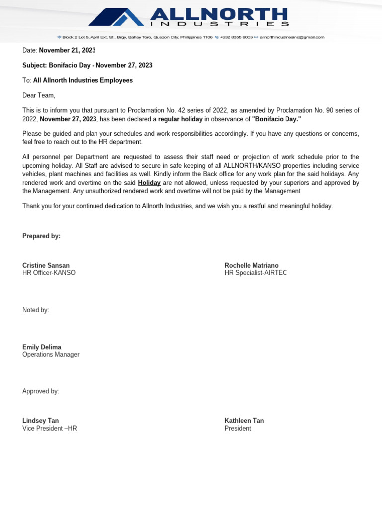 Bonifacio Day & Holiday Schedule Update | PDF | Observances | Holidays