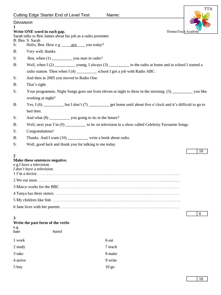 Cutting Edge Starter End of Level Test 2 | PDF