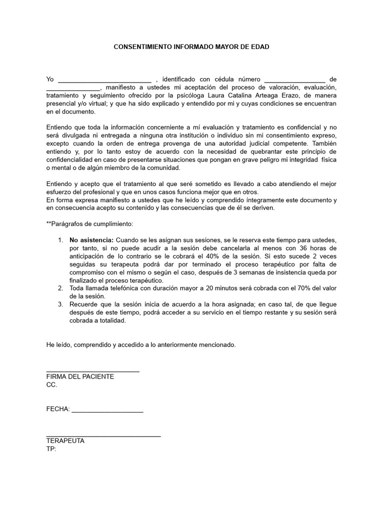 Consentimiento Informado Mayor de Edad | PDF