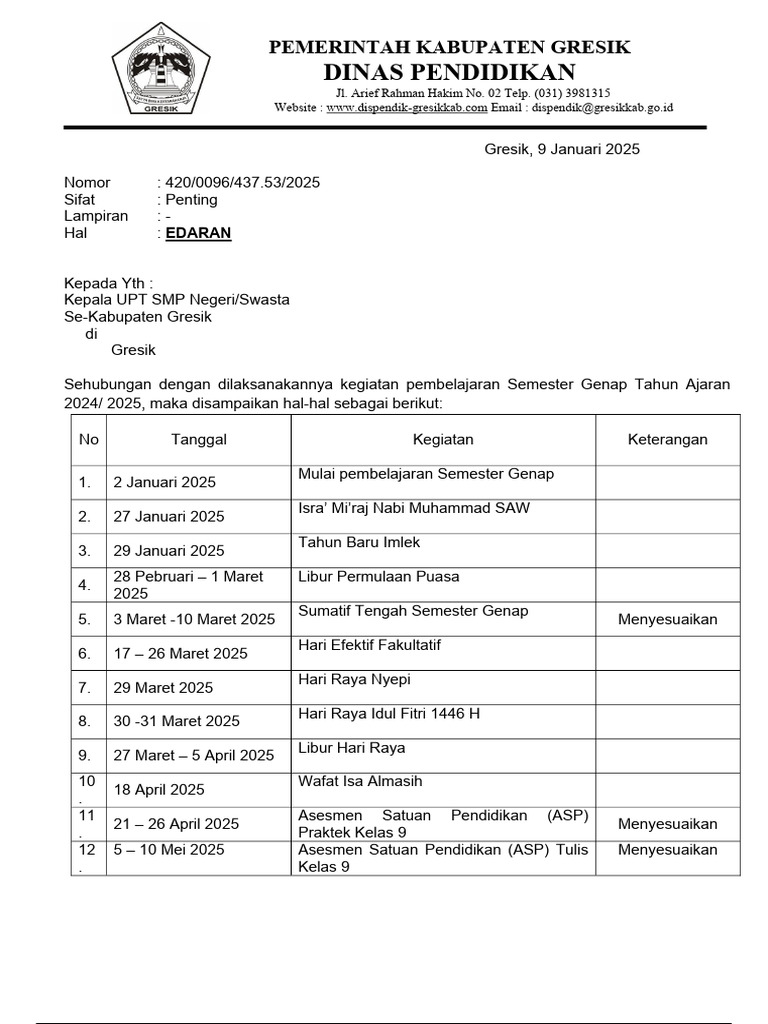 Edaran Semester Genap 2024 | PDF
