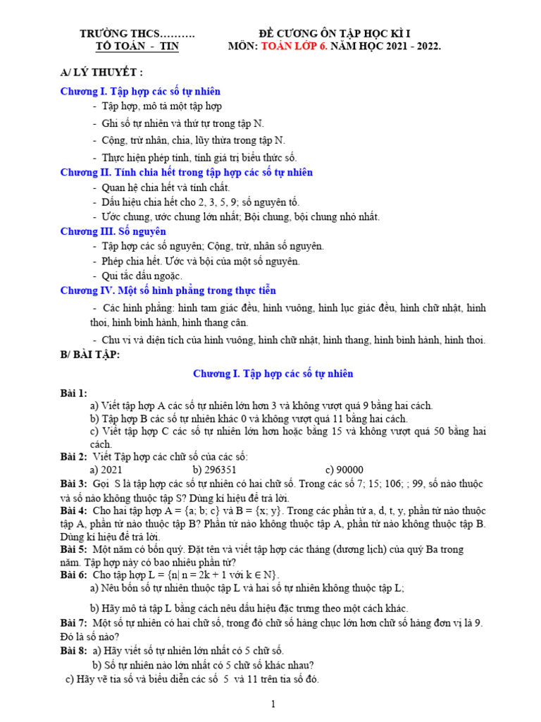 Đề cương toán 6 HK1 | PDF