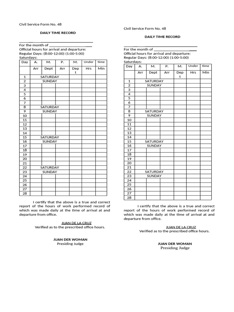 Daily Time Record Form No. 48 | PDF