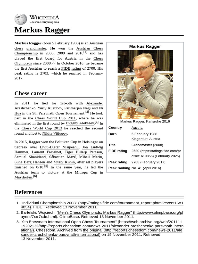 Markus Ragger | PDF | Chess Olympiads | Chess Grandmasters