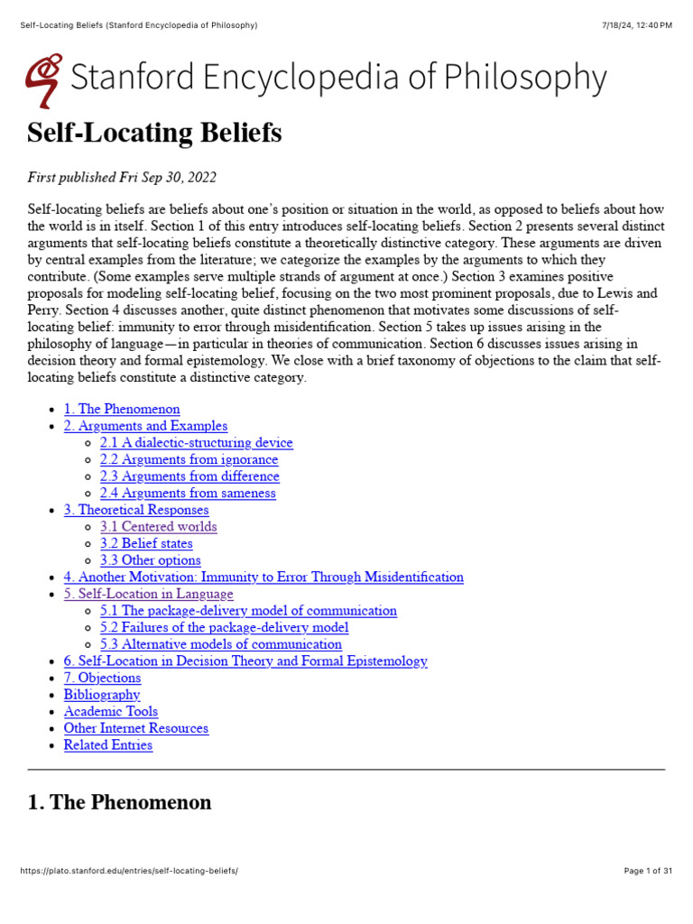 Understanding Self-Locating Beliefs | PDF | Proposition | Knowledge